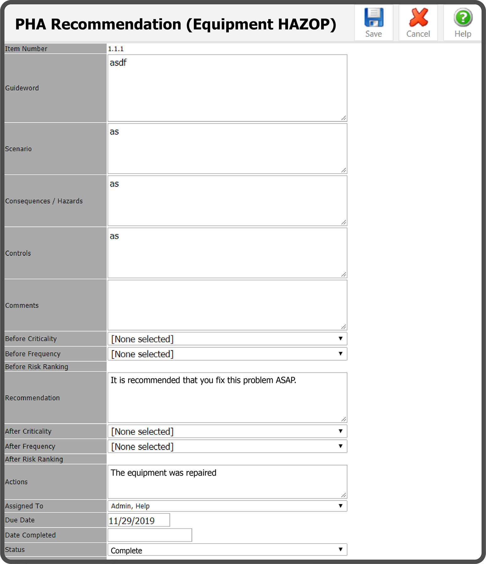Complete Task Type - PHA Recommendation (Equipment HAZOP)