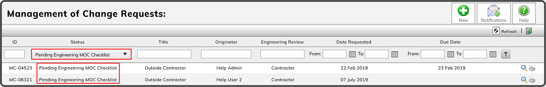 MOC Status - Pending Engineering MOC Checklist